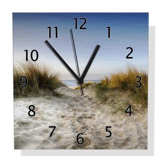 Wallario Design Wanduhr Weg durch die Dünen zum Strand am Meer aus Aluverbund, Alu-Uhr Größe 30 x 30 cm, Schwarze Zeiger mit Metalloptik