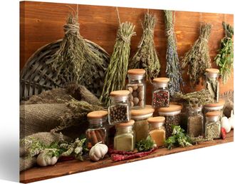 Islandburner Bild auf Leinwand Getrocknete Kr&auml;uter Gew&uuml;rze Und Und Pfeffer Auf Holzuntergrund Wandbild Poster Kunstdruck Bilder
