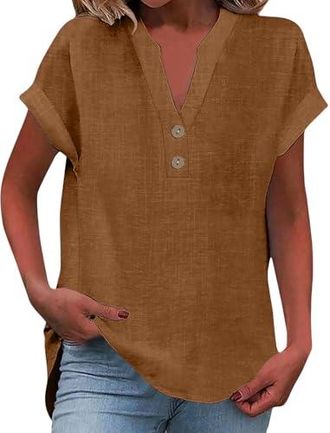 Generic Chemisier d&eacute;t&eacute; d&eacute;contract&eacute; &agrave; manches courtes pour femme avec boutons et col en V respirant et l&eacute;ger pour le travail quotidien, les vacances, kaki, XL