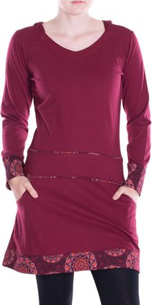 vishes Alternative Bekleidung - Damen mittellanges Kleid Baumwolle Geometrisch A-Linie V-Ausschnitt mit Taschen dunkelrot 42