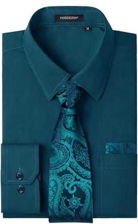 Hisdern Chemise Sarcelle Homme Formelle Chemise Homme Manches Longues avec Cravate Casual Mariage Business avec Poche Regular Slim Fit 2XL