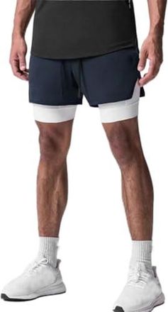 Generic JJDFW Short de sport pour homme double couche &agrave; s&eacute;chage rapide &eacute;lastique pour basket-ball course &agrave; pied &eacute;quipement de squat profond fitness, bleu mari