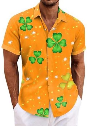 Generic Chemise de la St Patrick pour homme, t-shirt hawa&iuml;en irlandais avec tr&egrave;fle porte-bonheur, chemisier &agrave; boutons &agrave; manches courtes, haut ample d&eacute;contract