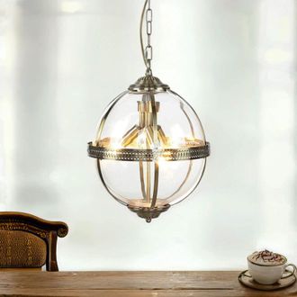 Licht-Erlebnisse Suspension verre m&eacute;tal E14 D : 32 cm ronde H : max 120 cm en laiton antique 3 lampes Art Nouveau