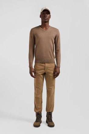 Eden Park Pull Col V En Laine Et Coton Camel Demi-lune Cercl&eacute;e Coupe Regular