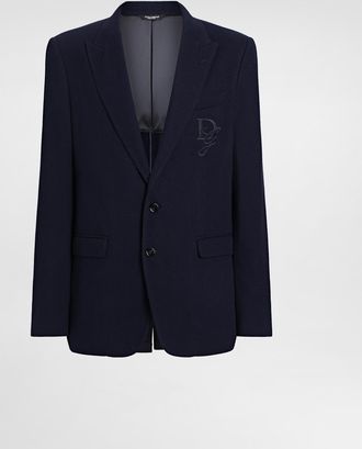 Dolce & Gabbana Einreihige Jacke Aus Baumwolljersey Mit Logostickerei - Mann Anzüge Und Blazer Blau 58