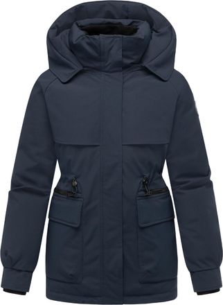 Marikoo Damen warme Winterjacke Pufferjacke mit abnehmbarer Kapuze, magnetischen Kn&ouml;pfen und Taillenzugband Shigaraa XVI Navy Gr. XL