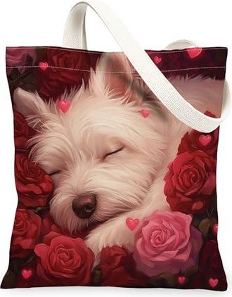 Generic Westie Sac fourre-tout en toile pour le shopping Motif roses romantiques 33 x 38 cm Sac d&eacute;picerie r&eacute;utilisable pour femme, animal domestique, voyage, 