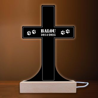 Indigos UG LED Lampe personalisiert - Andenken Kreuz - Haustier, Hund, Katze - Wunschtext - personalisierte Gedenktafel, Geschenk, Familie - optionale Lampe warm