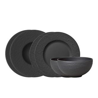 Villeroy & Boch Manufacture Rock Starter-Set 6 teilig schwarz, Sp&uuml;lmaschinenfest, Mikrowellensicher, Geschirr Set Schwarz Matt, Tafelservice, Essgeschirr, Premium Por