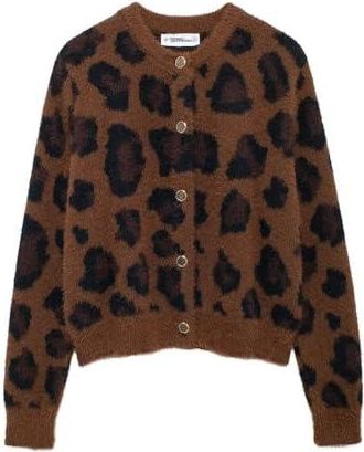 Generic 2026 Vestes dhiver pour femmes, cardigan &agrave; imprim&eacute; animal, jacquard, fausse maille, manteau doux, chaud, ouvert sur le devant, marron, S