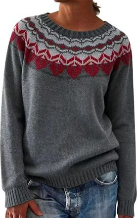 Generic Pull Norv&eacute;gien Femme dhiver Chaud Chic Et &Eacute;l&eacute;gant Pullover Tricot&eacute; Col Rond &Agrave; Manches Longues Sweater Tops Motif Jacquard Hauts Oversize Ample Confort