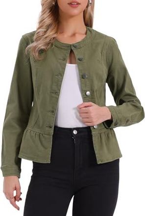 Allegra K Veste en Jean Femme Col Rond Ourlet P&eacute;plum Blouson Boutonn&eacute;e D&eacute;contract&eacute; Arm&eacute;e Verte M