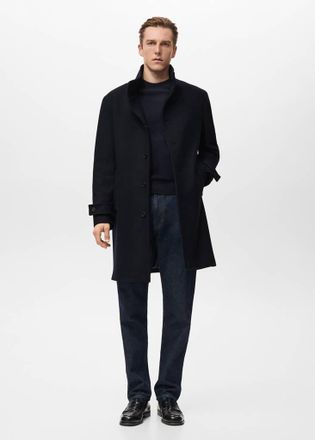 Mango Manteau en laine &agrave; col chemin&eacute;e bleu marine - Homme - XS - MANGO MAN