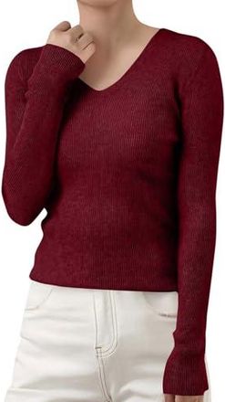 Generic Pull en tricot pour femme avec col en V - Couleur unie - Classique - Confortable - D&eacute;contract&eacute; - Manches longues - Coupe ajust&eacute;e - L&eacute;ger - Tendance - 