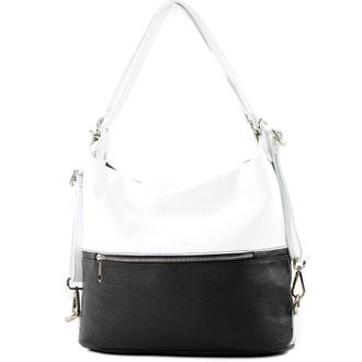 modamoda.de T189 Damen Leder Rucksack Damentasche 2in1 handmade in Italy, Farbe:Schwarz/Wei&szlig;