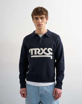 Topman Klassisch geschnittenes Rugby-Polohemd aus Strick in Marineblau mit Text-Applikation