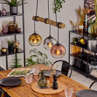 HOFSTEIN Pendelleuchte Koyoto, Hängelampe aus Metall/Holz/Glas in Schwarz/Natur/Chrom/Rauch/Gold/Kupfer/Klar, Hängeleuchte Retro/Boho mit Glasschirmen u. Holzb