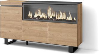 Skraut Home | Sideboard, Highboard | Kommode, Komodenschrank | 160 | 3 T&uuml;ren | Elektrokamin XXL | Industriedesign | Moderner Stil | Eiche