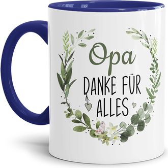 Tassendruck Tasse mit Spruch - Danke für deine Hilfe Opa - Geschenk für den besten Opa - Hochwertige Keramik, Innen & Henkel Dunkelblau, 300 ml