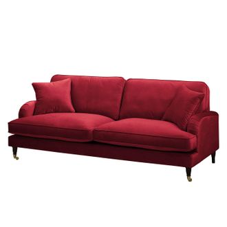 Jack & Alice home24 3-Sitzer Sofa mit Rollen Rot/Bordeaux Samt Pauno 211 x 85 x 96cm Dunkelbraun Glamour
