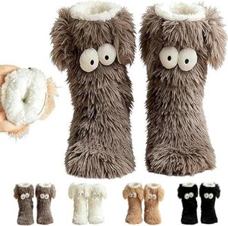 Generic Friends Cozy Socks,Womens Winter Warm Fuzzy Non-Slip Slipper Socks with Cute Big Eyes,Cute Floppy Big Ears Home Socks (Gray)