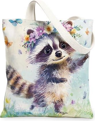 Generic Sac fourre-tout en toile de raton laveur printanier pour faire du shopping, 33 x 38,1 cm, sac d&eacute;picerie r&eacute;utilisable pour femme, motif animal de voyag
