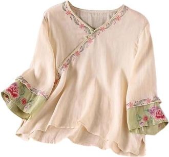 Generic Tunique ample en dentelle de style boh&egrave;me brod&eacute; &agrave; manches courtes pour femme - Style boh&egrave;me - Imprim&eacute; floral - 2025 - Chemise hippie &agrave; volants sur le 