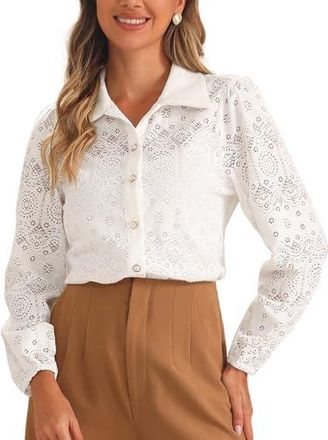 Allegra K Chemisier en Dentelle Floral Femme Ajouré Style Boho Blouse à Manches Bouffantes Chemise Col Boutonné Élégante Blanc XL