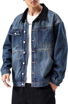 Generic Veste en jean homme automne hiver, veste trucker d&eacute;contract&eacute;e en denim, v&ecirc;tement dext&eacute;rieur &eacute;l&eacute;gant et l&eacute;ger, bleu et noir taille M