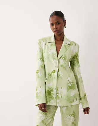 Asos Blazer densemble ajust&eacute; &agrave; imprim&eacute; fleuri flout&eacute; - Vert clair-multicolore