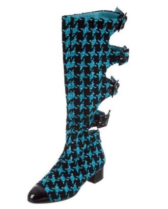 Chanel Turquoise Tweed Houndstooth Runway Boots Size 37