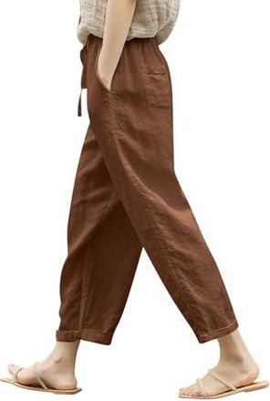 Generic Pantalon Ample Femme Fluide L&eacute;Ger Baggy Large High Waist Linen Capris Elastic Pant Basic Lightweight Vetement en Lin &eacute;t&eacute; Pantalons