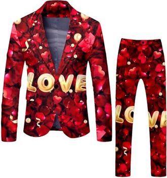 Generic Ensemble 2 pi&egrave;ces pour la Saint-Valentin 2026 pour homme avec veste imprim&eacute;e rose et pantalon, Rouge, XXL