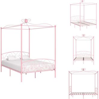 vidaXL Himmelbett-Gestell Rosa Metall 140 x 200 cm - Himmelbett Gestell - Rosa - Metallbettrahmen - Doppelbett - Betten F&uuml;r Schlafzimmer
