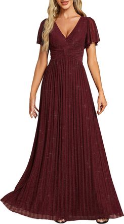 Ever-pretty Kleid Elegant Damen Festlich Lang Ballkleid Maxi Hell Abendkleider Elegant für Hochzeit A Line Kurze Ärmel Burgund 38