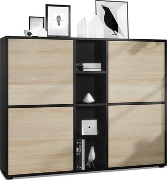 Vladon Highboard Cuba V3, Made in Germany, Schwarz matt/Eiche s&auml;gerau - Moderne Anrichte mit 12 F&auml;chern (130,5 x 105,5 x 35,5 cm)