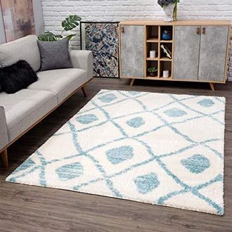 Carpet City Teppich Shaggy Hochflor - Ethno-Stil 120x160 cm Blau Creme - Moderne Wohnzimmer-Teppiche