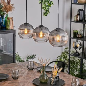 HOFSTEIN H&auml;ngeleuchte Koyoto, 3-flammige H&auml;ngelampe aus Metall/Riffelglas in Schwarz/Rauchfarben/Klar, Pendelleuchte im Retro/Vintage-Design (Schirme &Oslash; 20 cm),