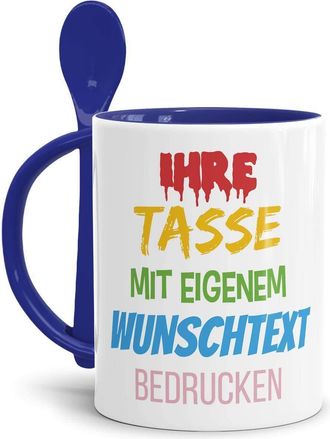 Tassendruck Tasse selbst gestalten/mit eigenem Text beschriften/Wunsch-Name/Spruch-Tasse/Löffeltasse Dunkelblau/Mittig gegenüber vom Henkel Bedruckt