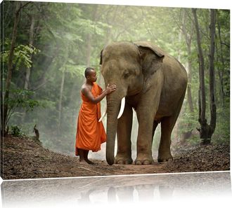 Pixxprint wunderschöner Elefant mit Mönch, Größe: 120x80cm, Leinwandbild, fertig gespannt, Wandbild, Dekoration, Kunstdruck, kein Poster