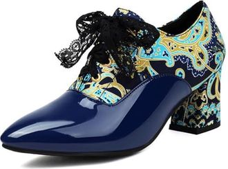 Generic Escarpins Oxford Femme Vintage &Agrave; Lacets Talon Haut Bloc Bout Pointu Cuir Verni et Tissu Classiques pour Bureau et Usage Quotidien,Bleu,39 EU