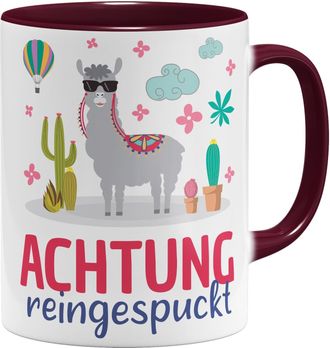 OM3 Achtung reingespuckt Alpaka Kaffee-Tasse mit Spruch - Lustige Lama Spruchtasse - Keramik Becher - 11oz 325ml - Beidseitig Bedruckt - Bordeaux