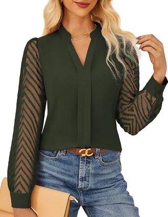 Grace Karin Chemisier &eacute;l&eacute;gant pour femmes &agrave; manches semi-transparentes textur&eacute;es, chemise de travail de bureau, haut classique Henry &agrave; col en V, vert militaire, M