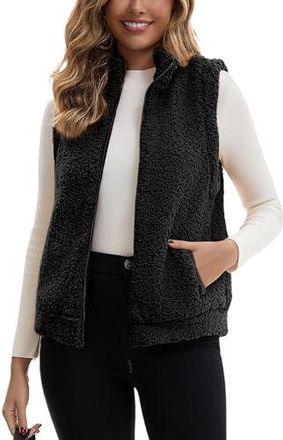Feoya Teddy Gilet Femme sans Manche Veste Polaire Chaud Manteau Automne Hiver Sherpa Veste Laine Couleur Unie Blouson Waistcoat Noir L