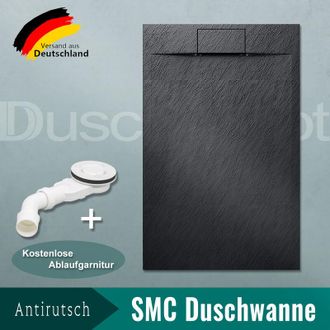 Sonni Duschwannen 140x90cm Flach Duschtasse hochwertige f&uuml;r Duschkabine Badezimmer smc Schwarz 32mm Schiefer-Textur inkl.Ablaufgarnitur Antirutsch