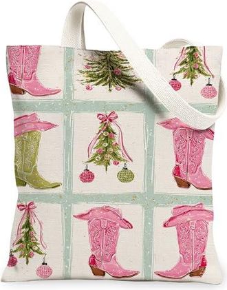 Generic Sacs fourre-tout en toile vintage de No&euml;l, motif plantes de vacances, sacs d&eacute;picerie r&eacute;utilisables, l&eacute;gers et lavables avec bandouli&egrave;re, p&ecirc;che, 13x15 