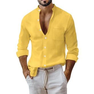 Generic Chemise décontractée unie pour homme 2026 hauts décontractés et tendance en coton et lin à manches longues avec col montant. Pour intérieur et extérie