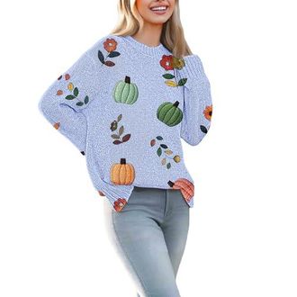 Generic Joli pull tricoté surdimensionné à manches longues et col rond pour femme, pull dhiver décontracté en tricot imprimé floral pour femme, doux, chaud et