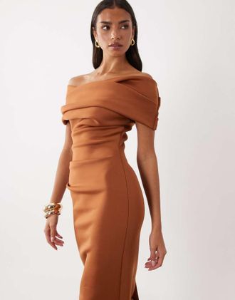 Asos robe midi bardot avec fente en tissu style scuba marron
